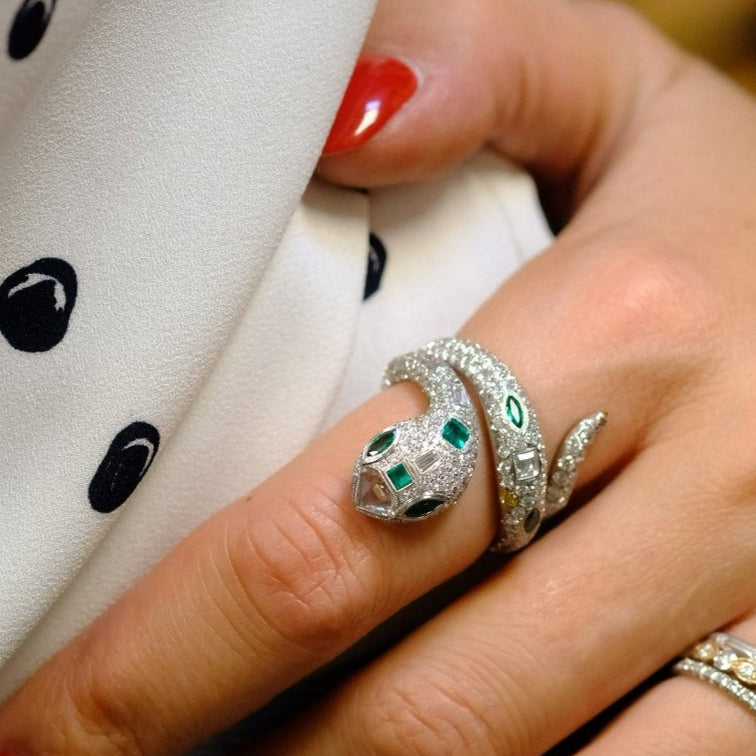 Fine Diamond And Green Emerald Snake Serpent Wrap Ring– Saray Jewelry NYC
