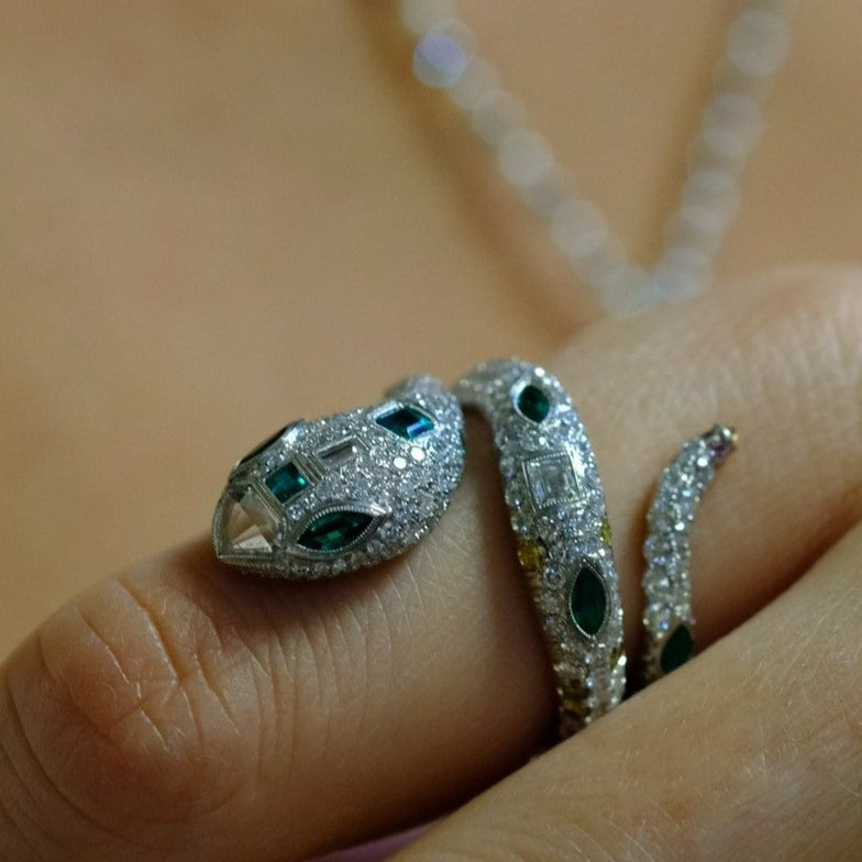 Fine Diamond And Green Emerald Snake Serpent Wrap Ring– Saray Jewelry NYC